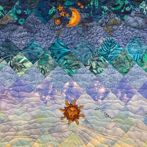 Art Quilt, Sunshine Garden Sun Moon Fabric Quilted Wall Hanging ...