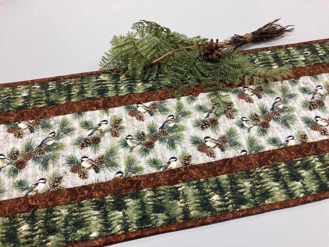 Mountain Chickadees and Pine Cones Quilted Dining Table Runner, 13x48 ...