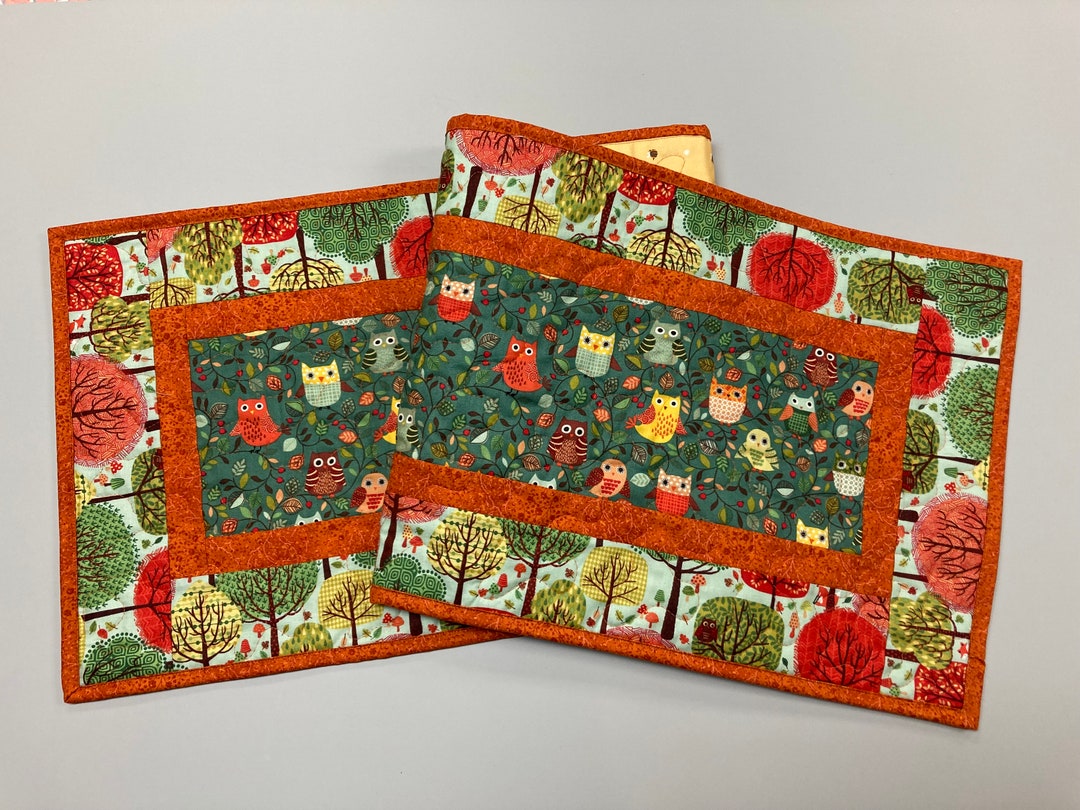 Quilted Table Runner, Owls Foxes and Trees 13x48" Reversible, Woodland ...