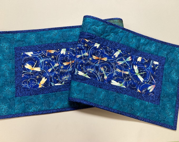 Blue Green Gold Dragonflies Quilted Dining Table Runner, 13x48 ...