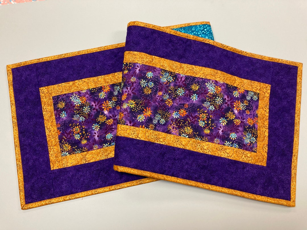 Quilted Table Runner, Bright Purple Blue Orange Flowers, 13x48 ...