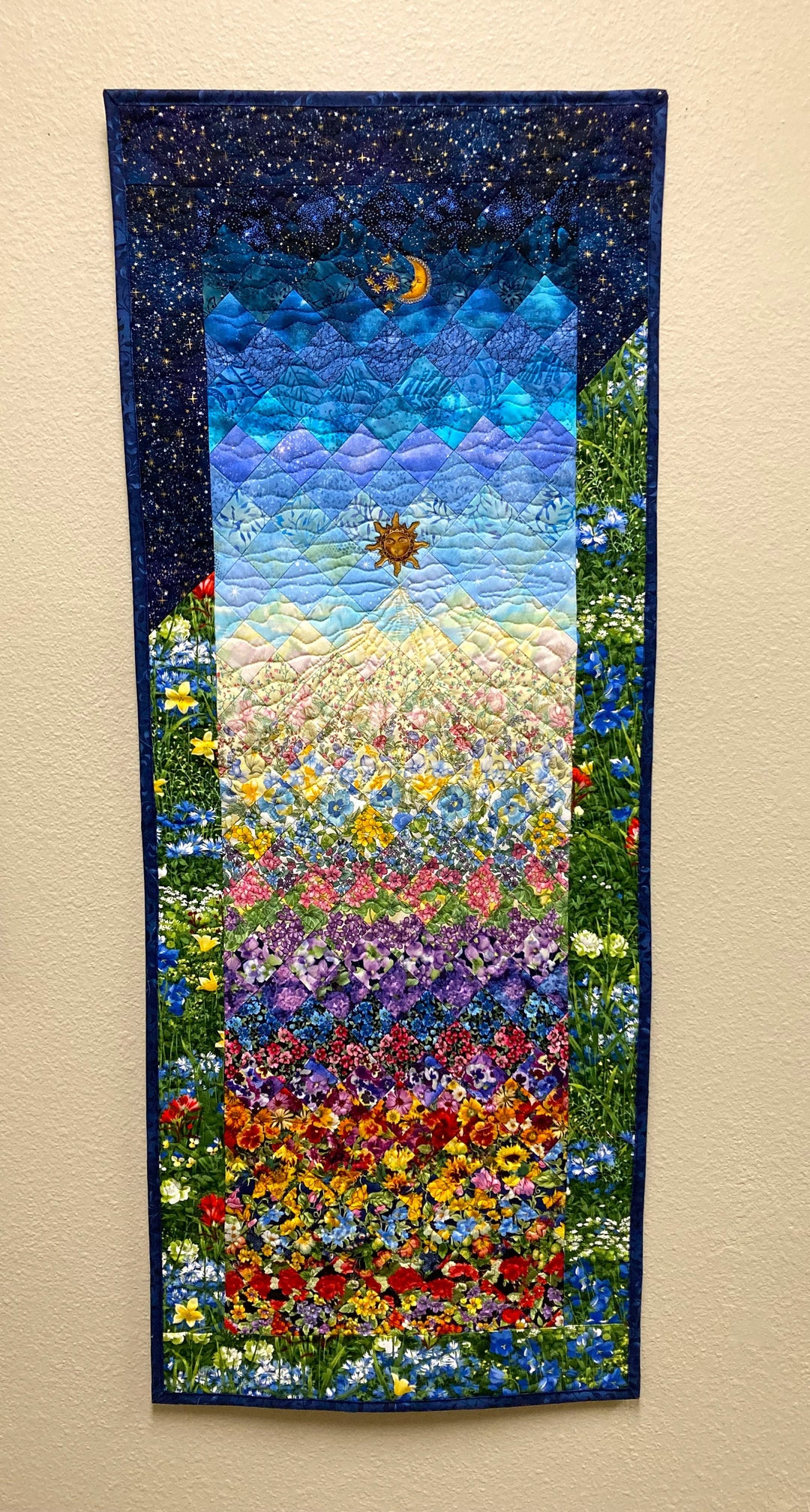 Art Quilt, Sunshine Garden Sun Moon Fabric Quilted Wall Hanging ...