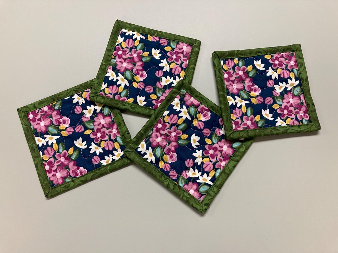 Modern Garden Pink Flowers Leaves Fabric Drink Coasters, 5x5" Quilted ...
