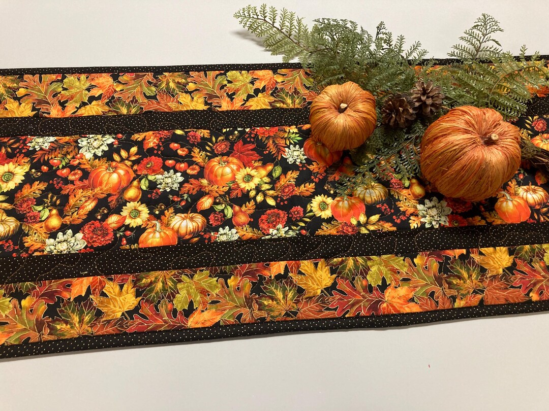 Pumpkins and Flowers Dining Table Runner, Fall Autumn Leaves Quilted Handmade, Reversible ...