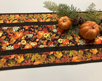 Pumpkins Dining Table Runner, Fall Autumn Leaves Quilted Handmade ...