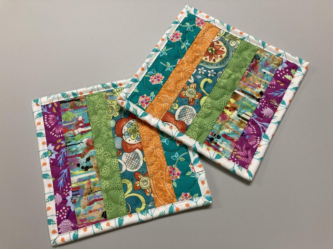 Bright Summer Mug Rug Snack Mat Blue Orange Green Set of (2) Coffee End ...