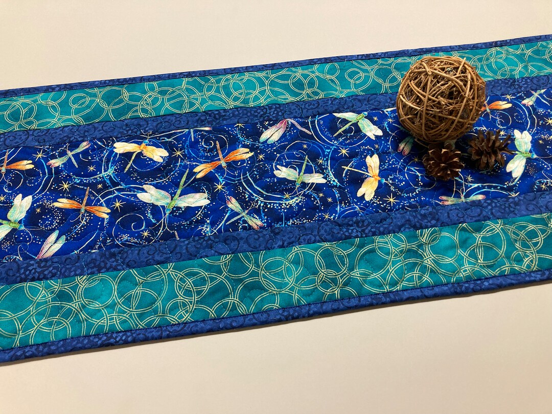 Blue Green Gold Dragonflies Quilted Dining Table Runner, 13x48 ...