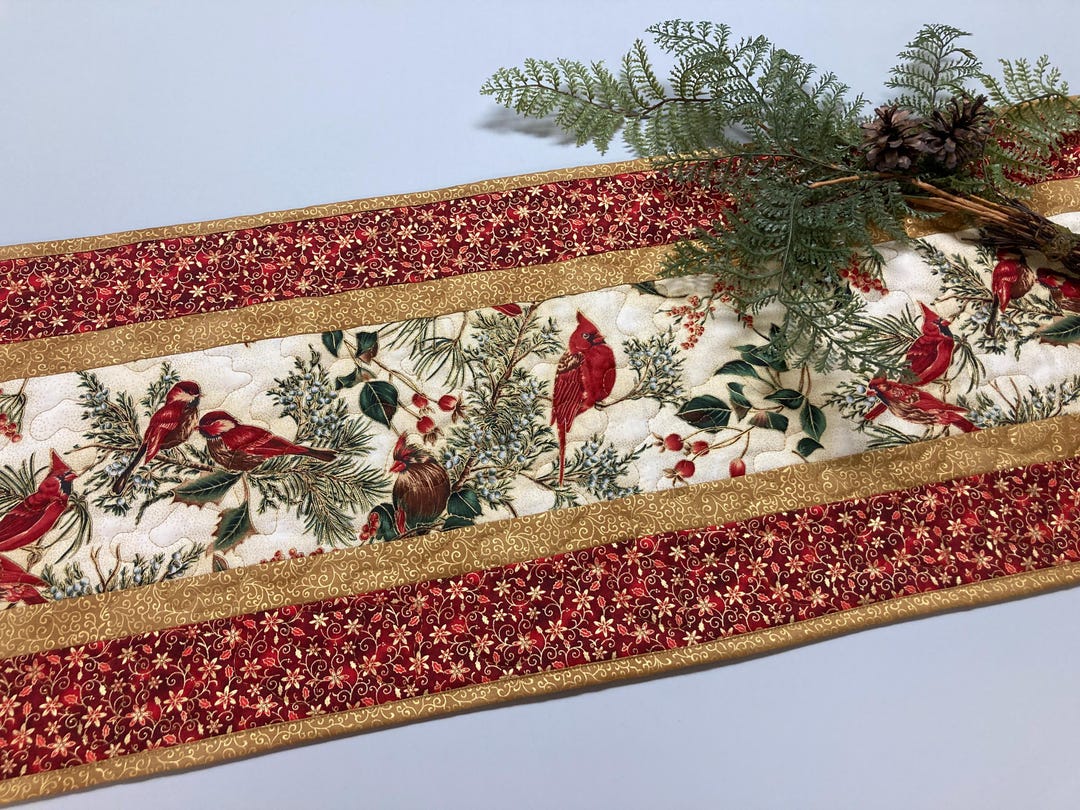 Red Cardinals Quilted Dining Table Runner, 13x48" Reversible, Winter ...