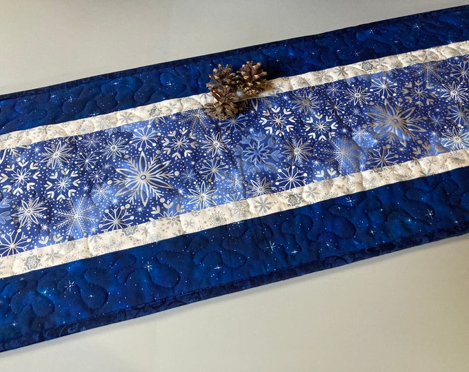 Blue Silver Snowflakes Winter Table Runner Quilted 13x48, Hanukkah ...