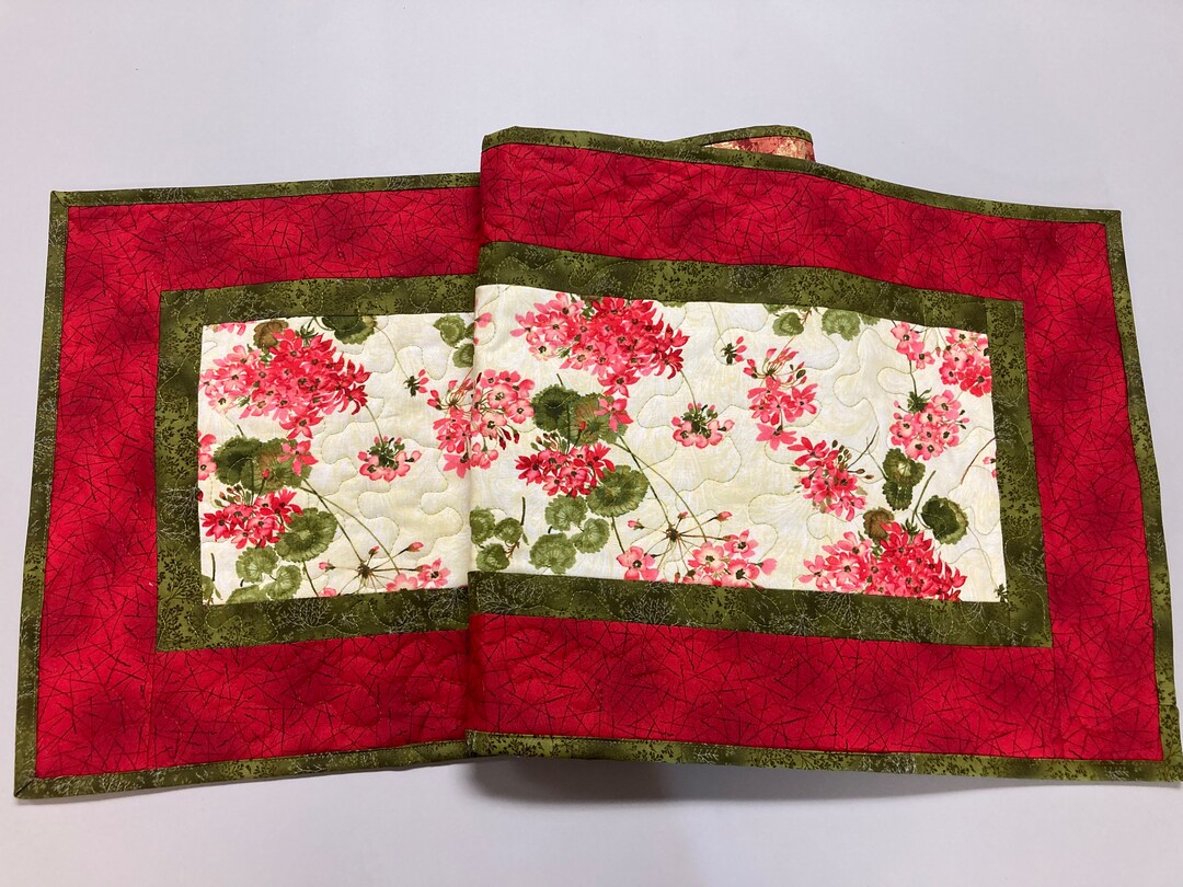 Geraniums and Leaves Quilted Dining Table Runner, 15x48 Reversible, Red ...