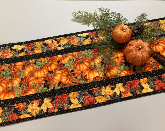 Pumpkins Dining Table Runner, Fall Autumn Leaves Quilted Handmade ...