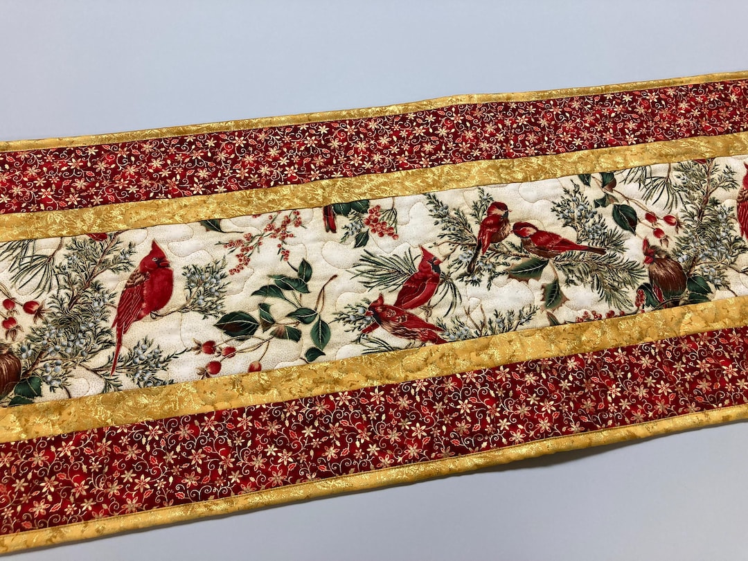 Red Cardinals Quilted Dining Table Runner, 13x48" Reversible, Winter ...
