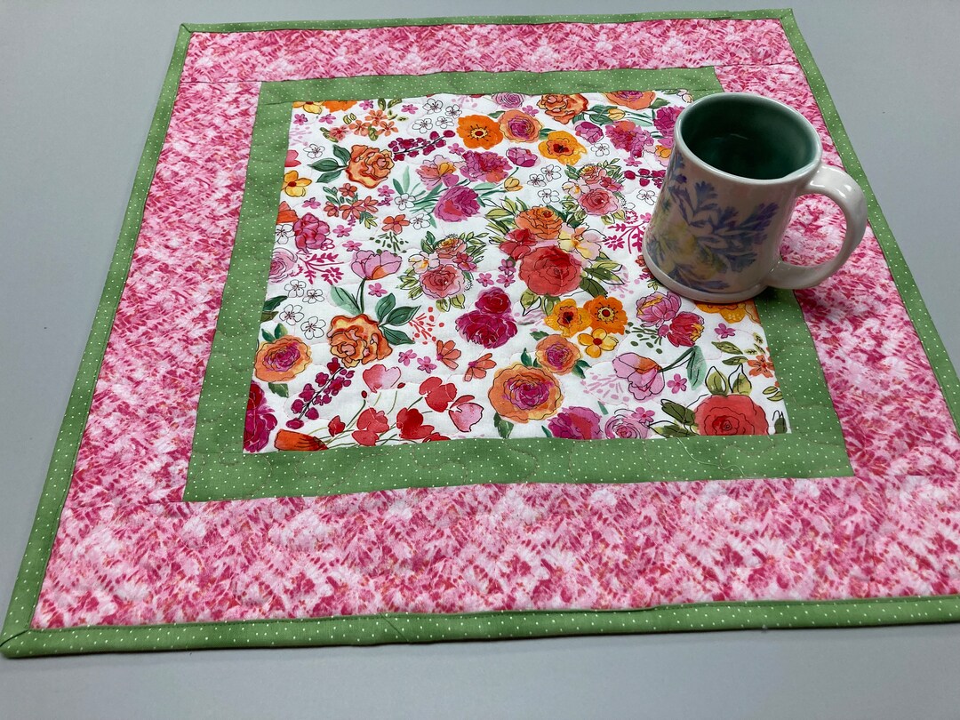 Spring Summer Pink Yellow Flowers Quilted Table Topper, 19x19 ...