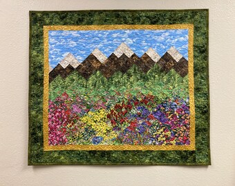 Mountain Flowers Landscape Art Quilt, Scenic Tapestry 30x36" Fabric ...