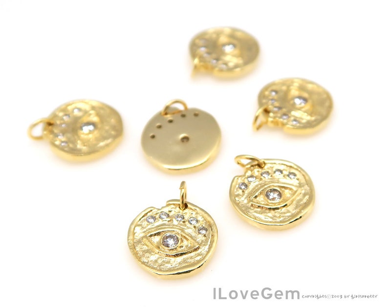 1pcs, COD759-L, Gold Plated, 12mm Evil Eye Coin Pendant, CZ Evil Eye ...