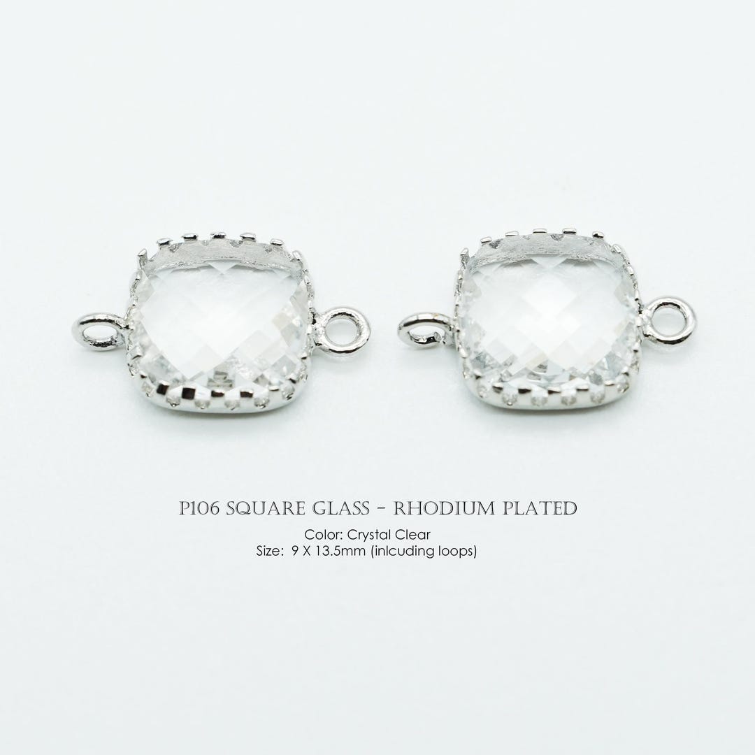 Crystal Clear, 9mm Square Glass Connectors, P106, Rhodium Plated Brass ...