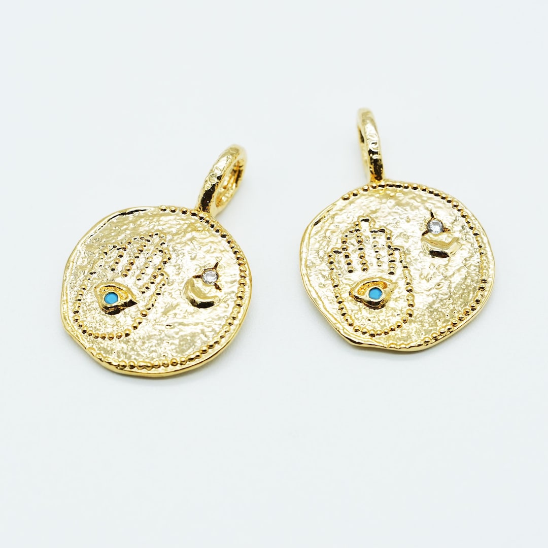 1PCS- Gold Hamsa Hand Coin Pendant With Evil Eye & Moon, NP-2775, Gold ...