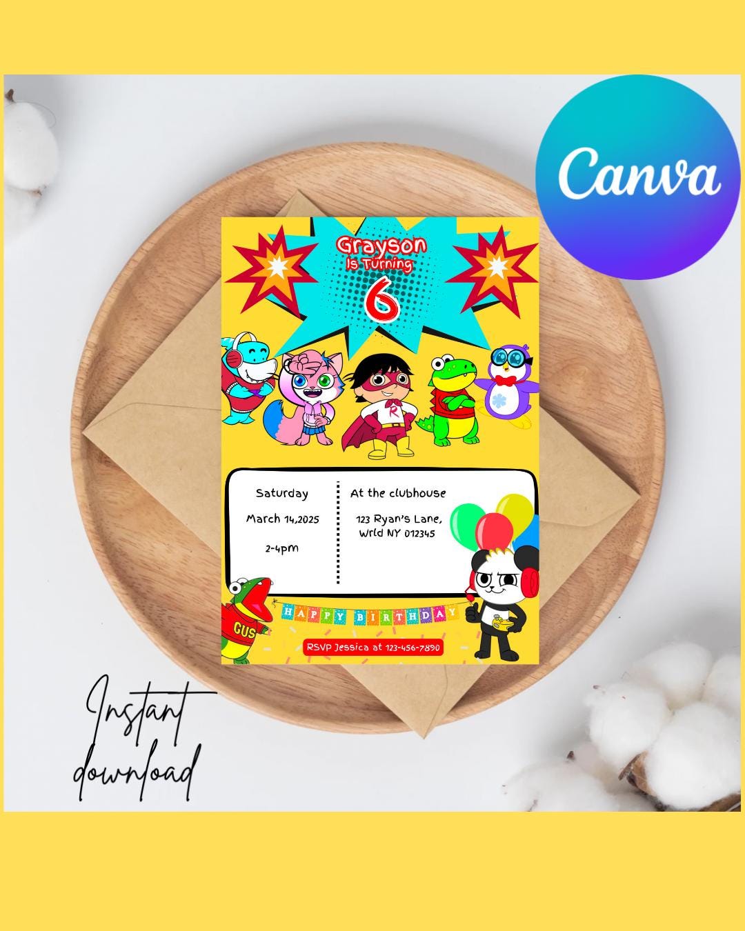 Ryans World Birthday Invite canva - Etsy