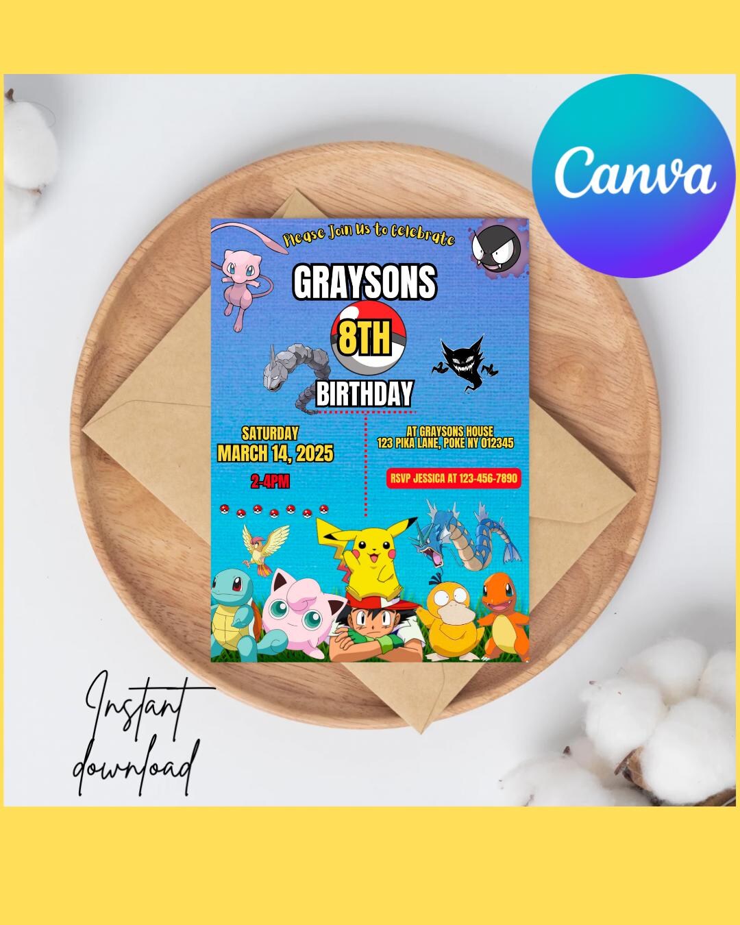 Poke Pikachu Birthday Invite (canva) - Etsy