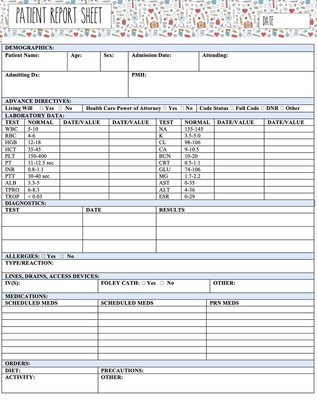 Detailed Nurse Report Sheet BLUE - Etsy