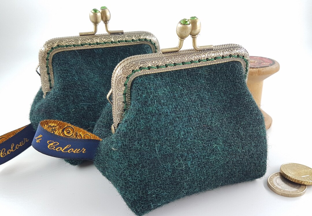 Bronze Metal Frame Coin Purse/green Rhinestones/dark Green Harris Tweed ...