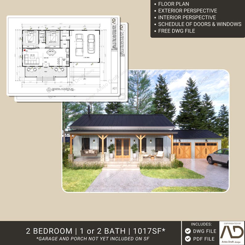 Cottage House Plan: 2 Bedroom Barndominium With Optional Garage (DWG ...