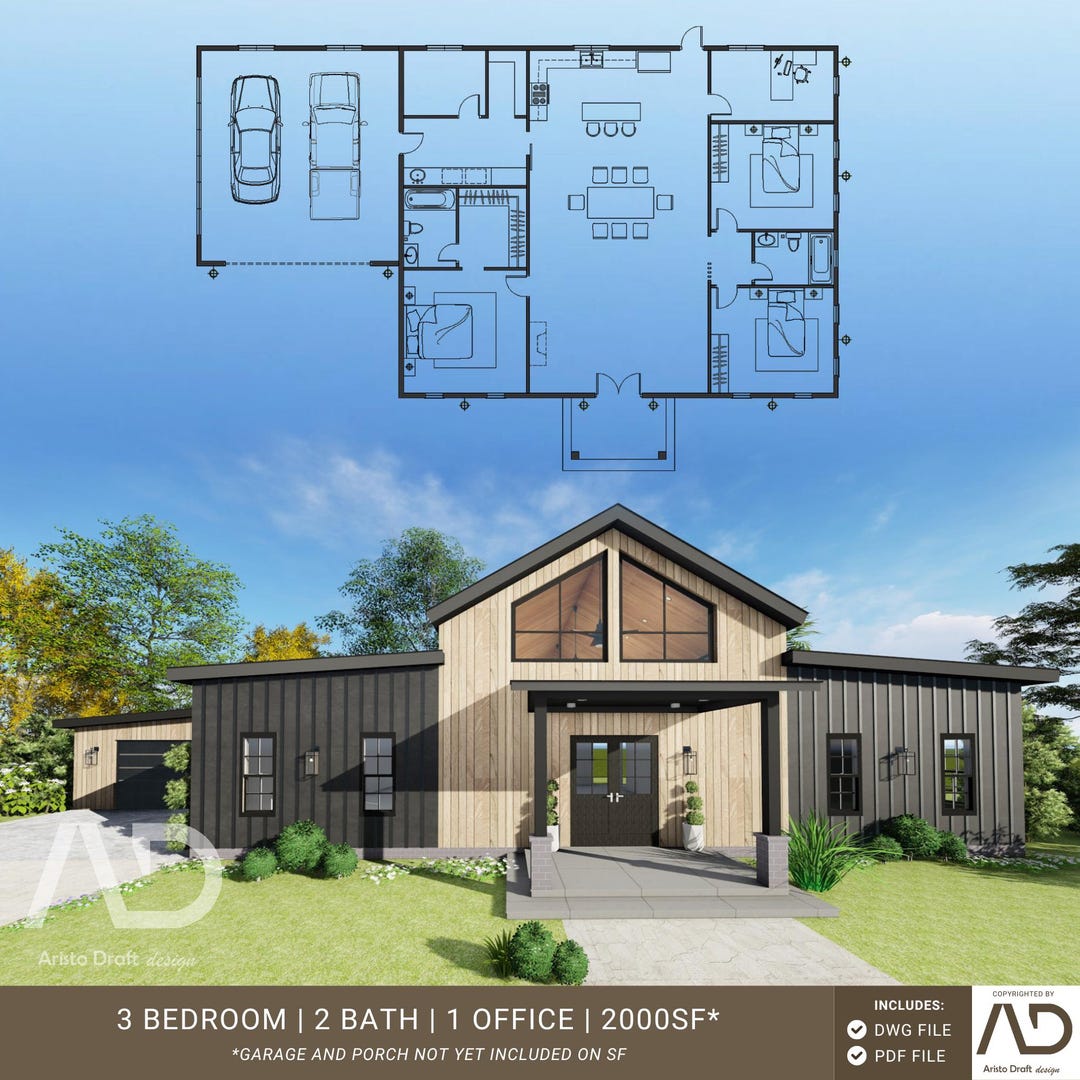 3 Bedroom Barndominium Plan With Garage, Modern Plans, Barndominium ...
