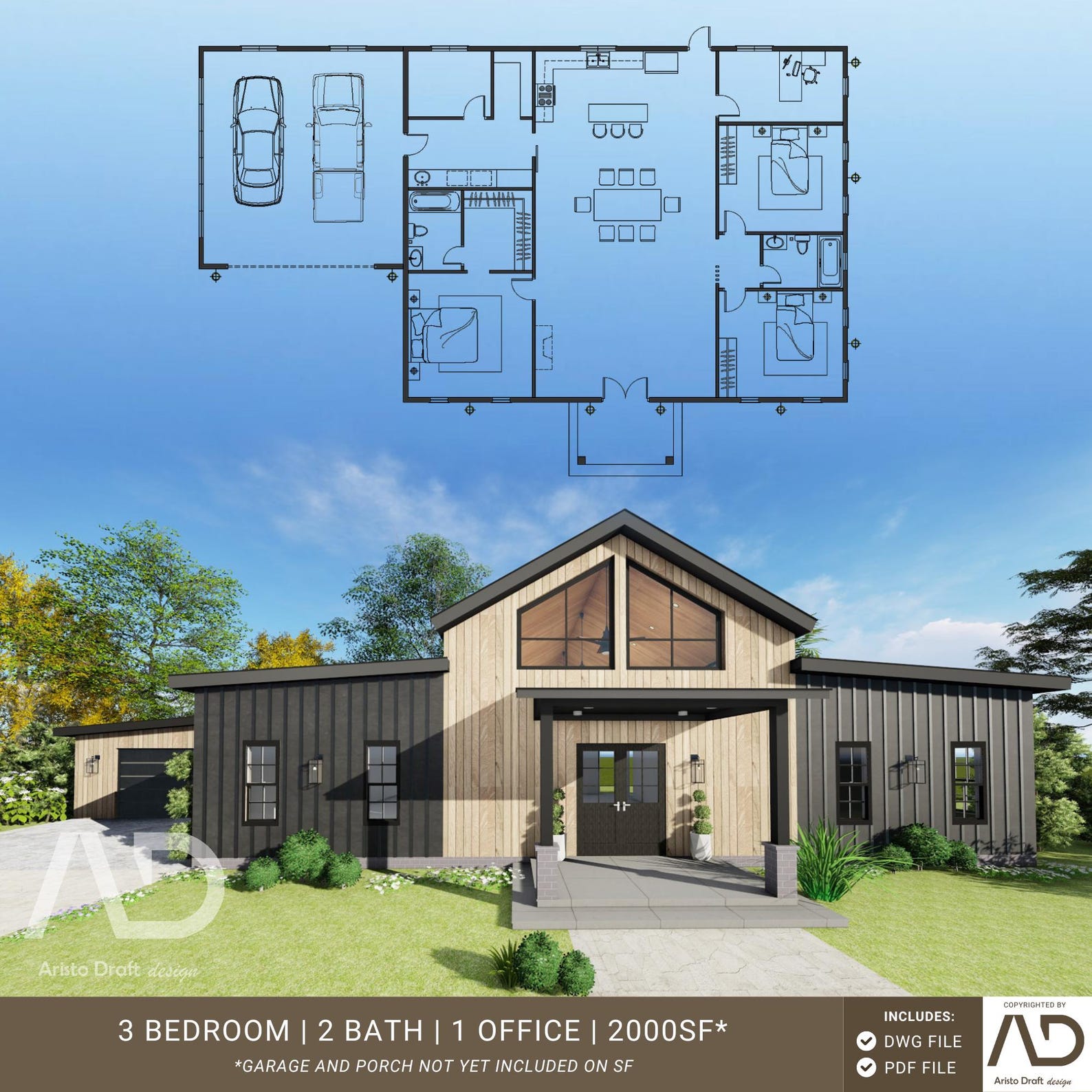 3 Bedroom Barndominium Plan With Garage, Modern Plans, Barndominium ...