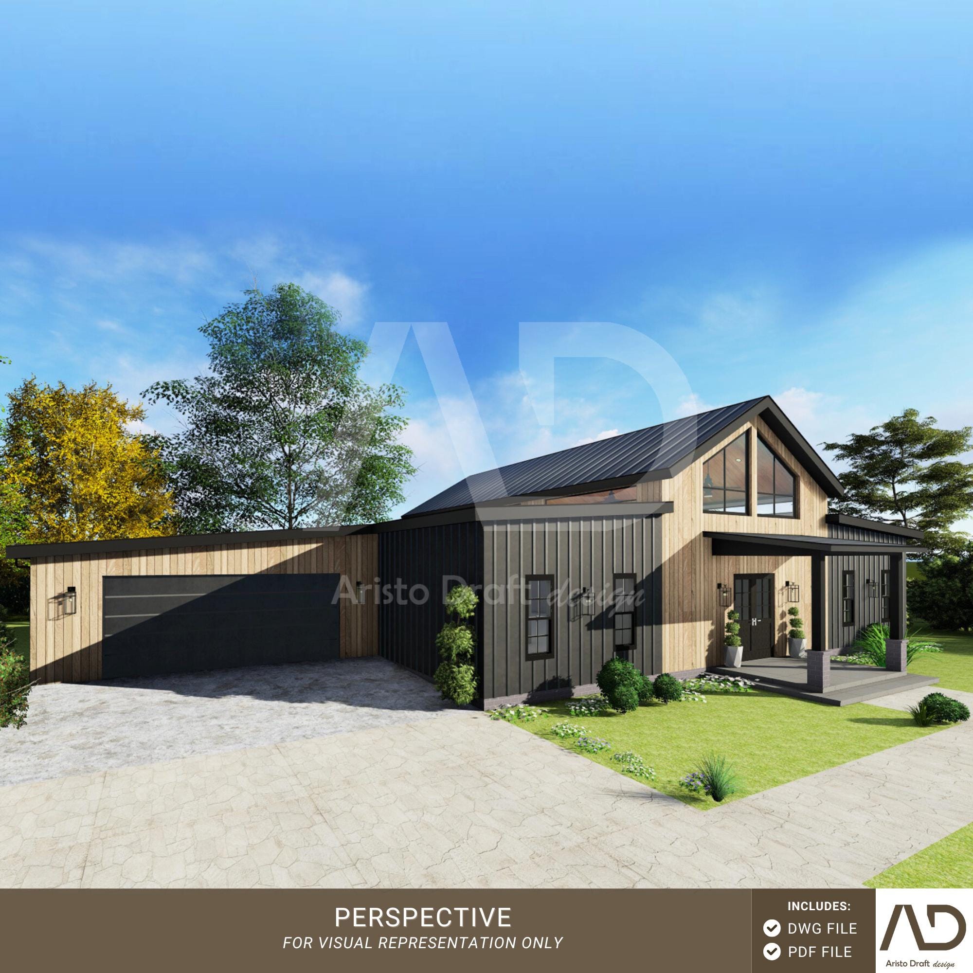 3 Bedroom Barndominium Plan With Garage, Modern Plans, Barndominium ...