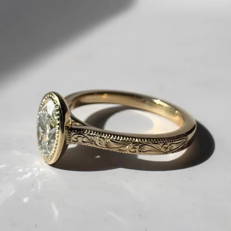 2 CT Antique Medieval Time Inspired Oval Lab Grown Bezel Set Engagement ...