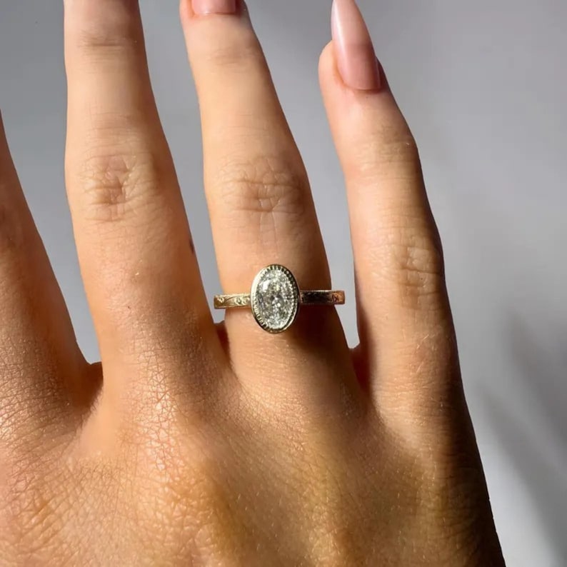 2 CT Antique Medieval Time Inspired Oval Lab Grown Bezel Set Engagement ...