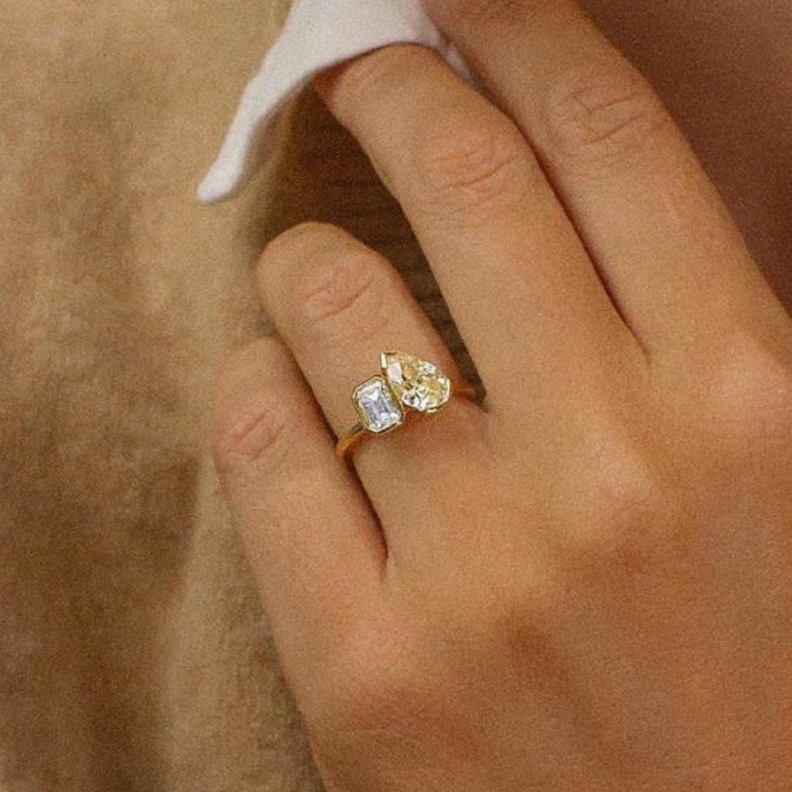 14k Solid Yellow Gold Toi Et Moi Ring•two Stone Statement Ring ...