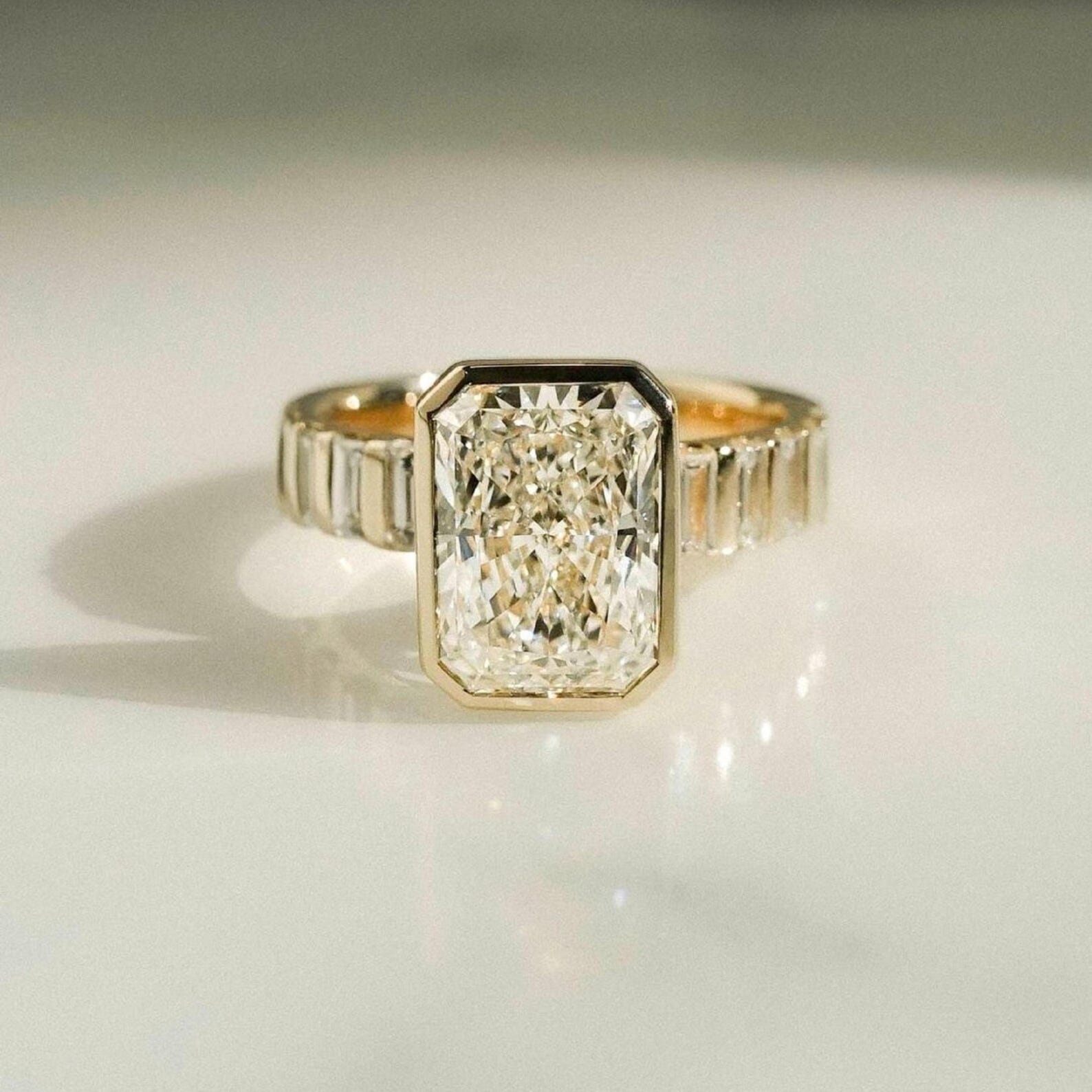 Bezel Set 3.50 Ct Radiant Cut Moissanite Engagement Ring, Crushed Ice ...