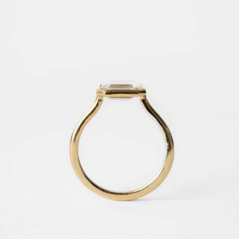 Portrait Cut Engagement Ring, 14K Gold Bezel Set Unique Wedding Set ...