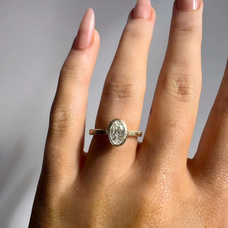 2 CT Antique Medieval Time Inspired Oval Lab Grown Bezel Set Engagement ...