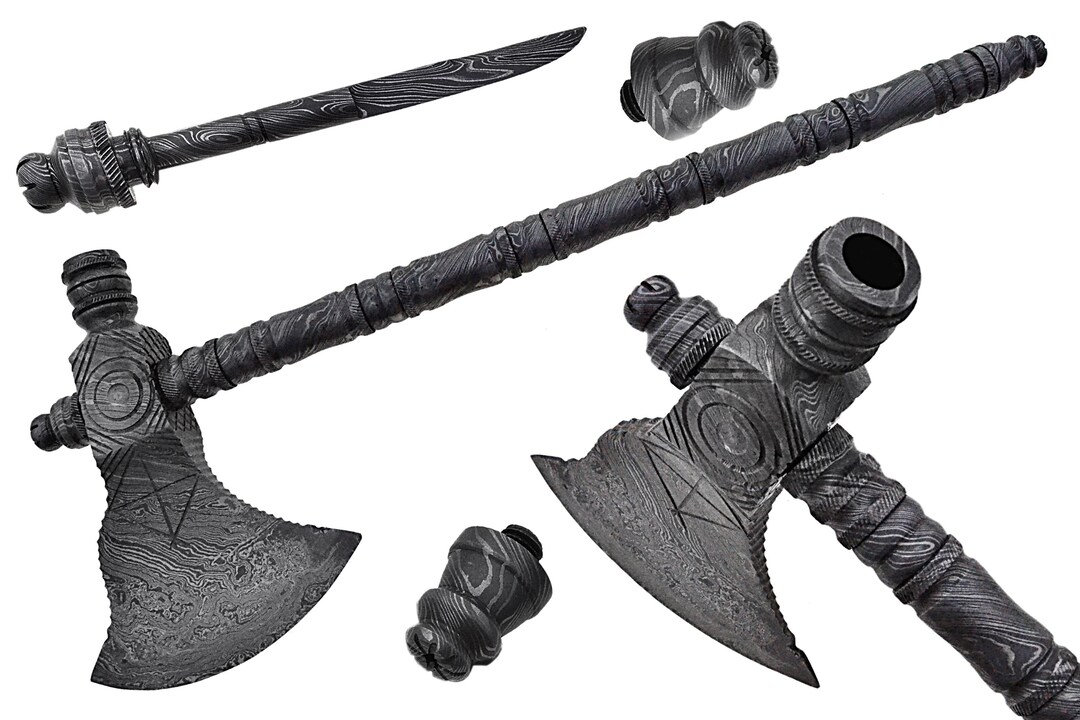 Custom Handmade Damascus Steel Camping Axe Survival Combat Axe Pipe Smoking Axe With Leather ...