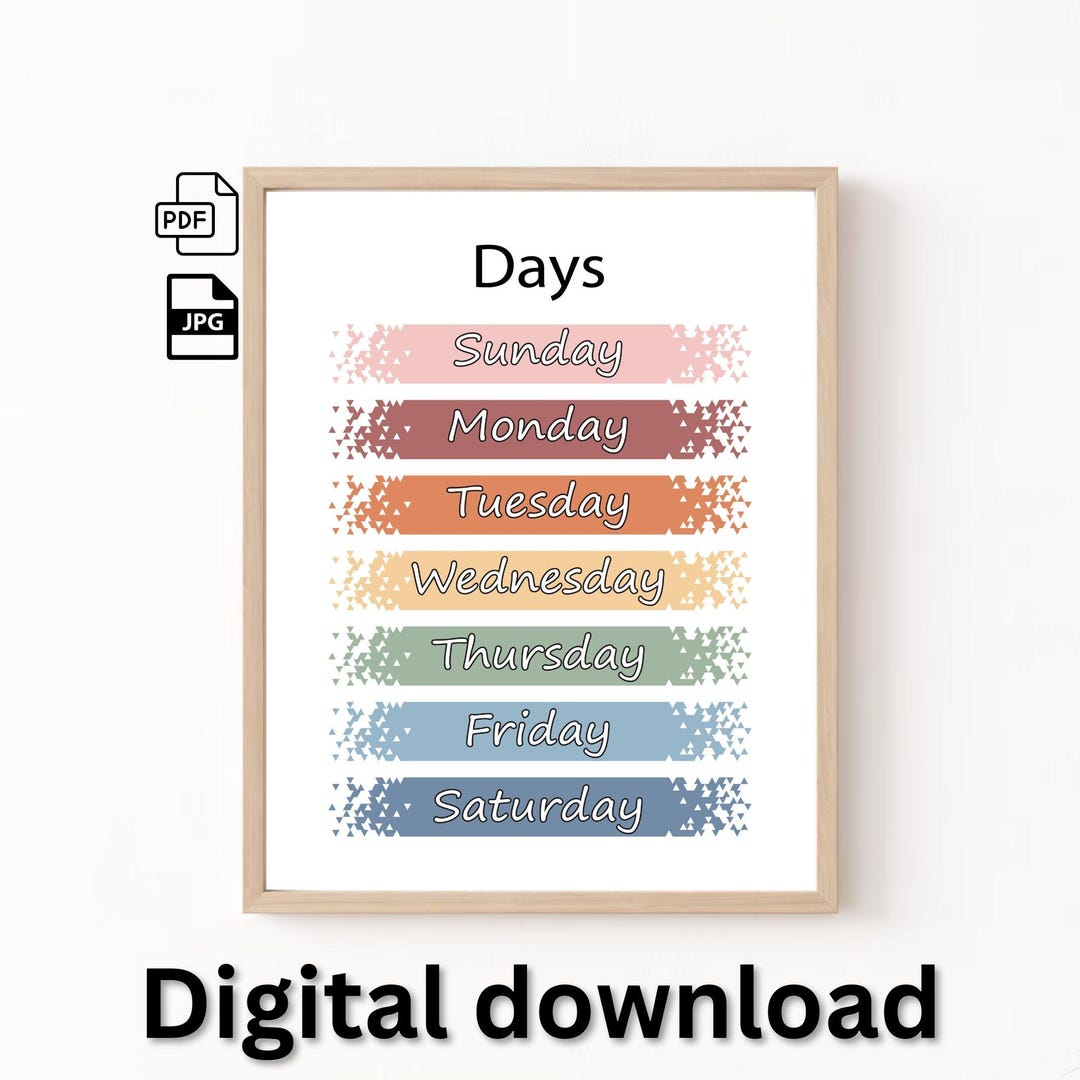 Days of the Week Printable, Educational Wall Art, Playroom Poster, Days ...