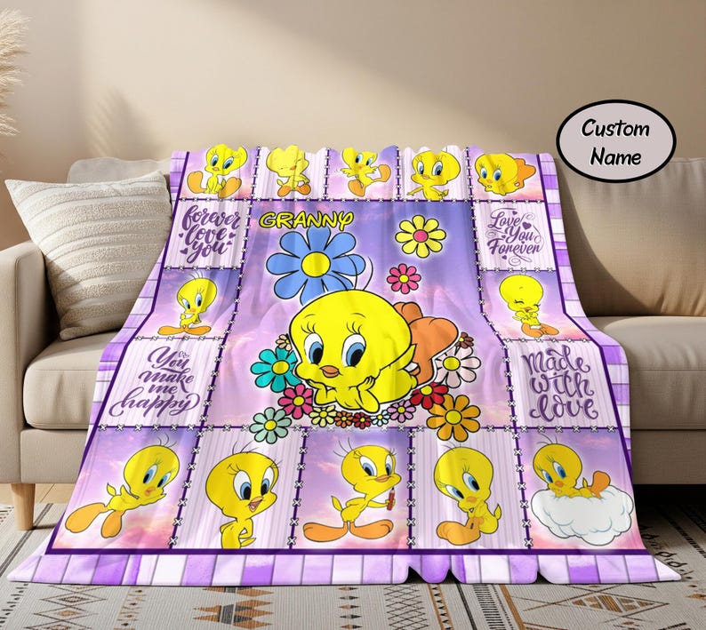 Personalized Tweety Bird Quilt Blanket, Custom Name Tweety Fleece ...