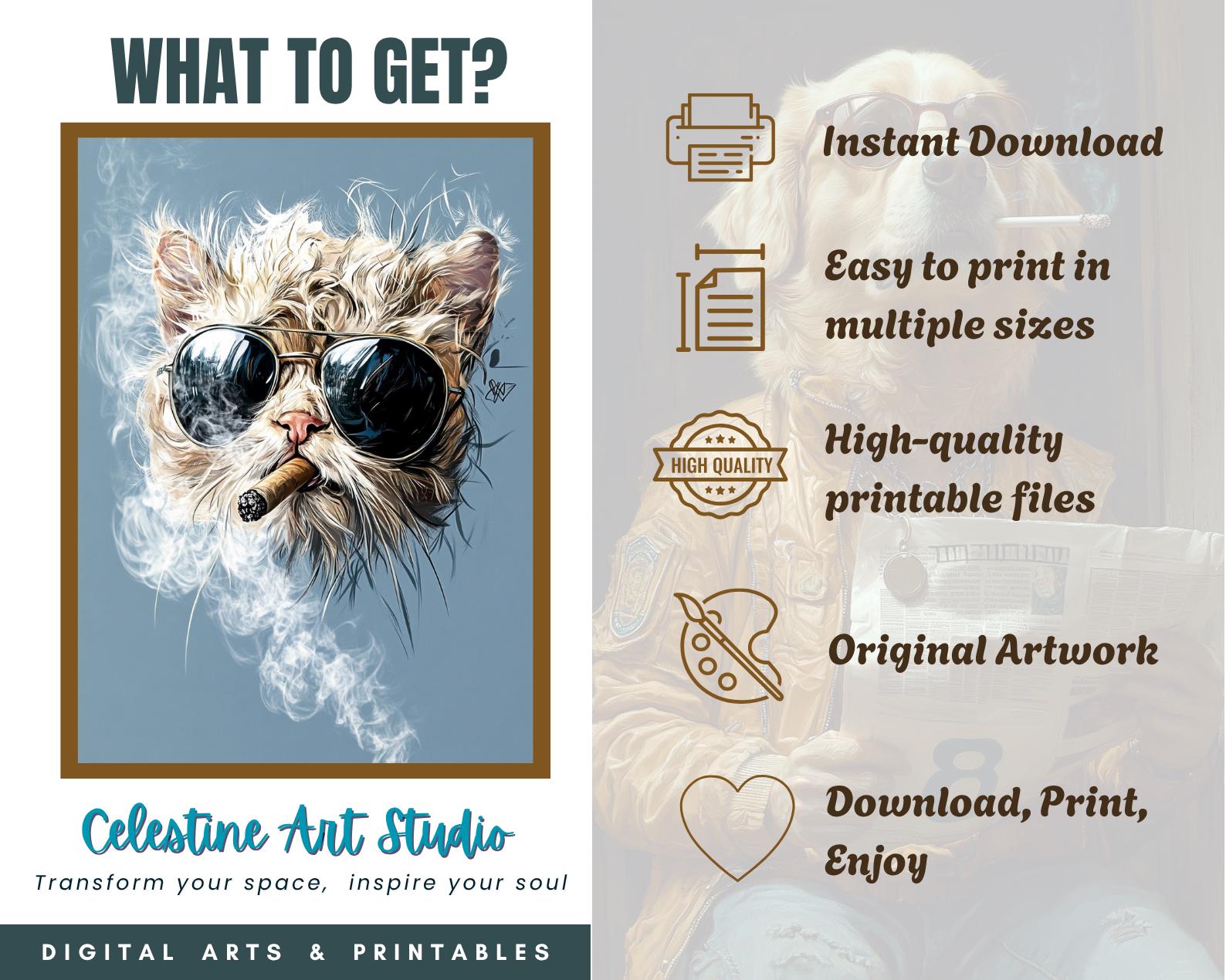Cool Cat Wall Art - Digital Print of Stylish Cat With Sunglasses ...