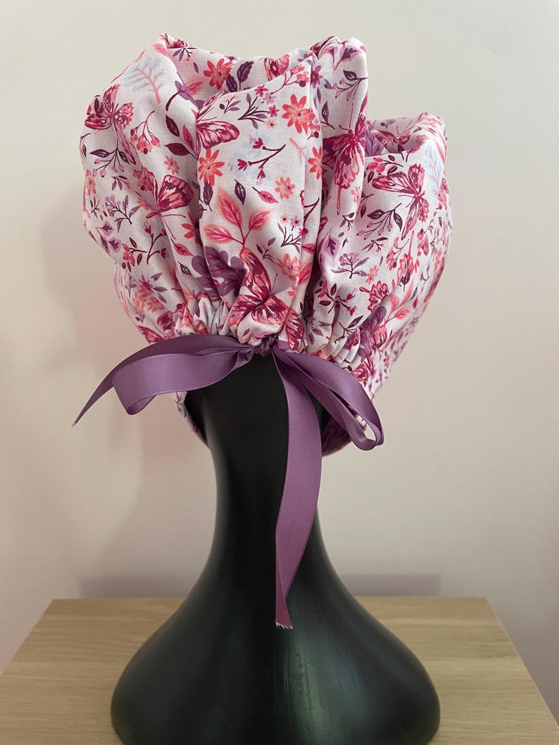 Purple Butterflies and Flowers Bouffant Scrub Cap With Optional Satin ...