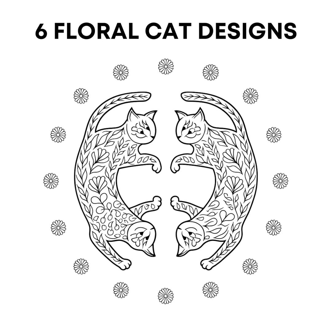 Quirky Floral Cat Coloring Pages - Instant Download PDF & PNG - Perfect ...