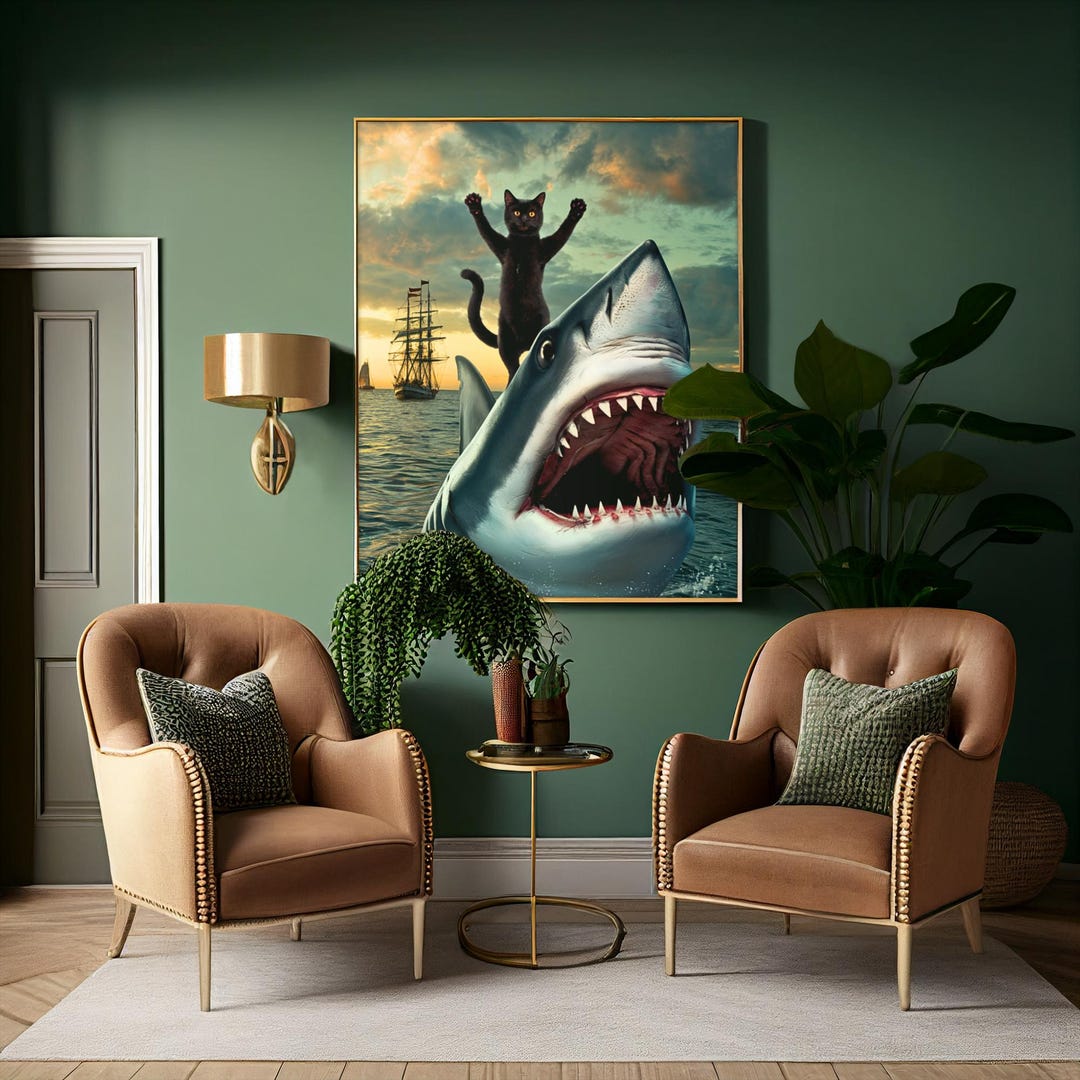 Quirky Black Cat Riding Shark - Unique Cat Ocean Wall Art - Surrealist ...