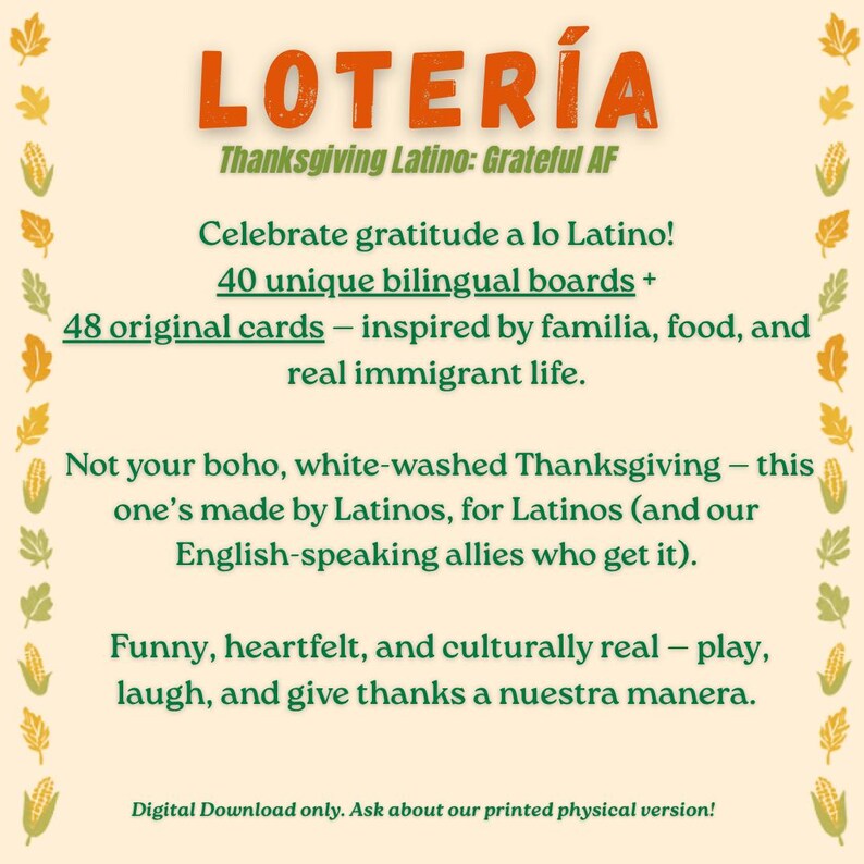 Thanksgiving Latino Loteria: Grateful AF Bilingual Game - 40 Waterproof ...