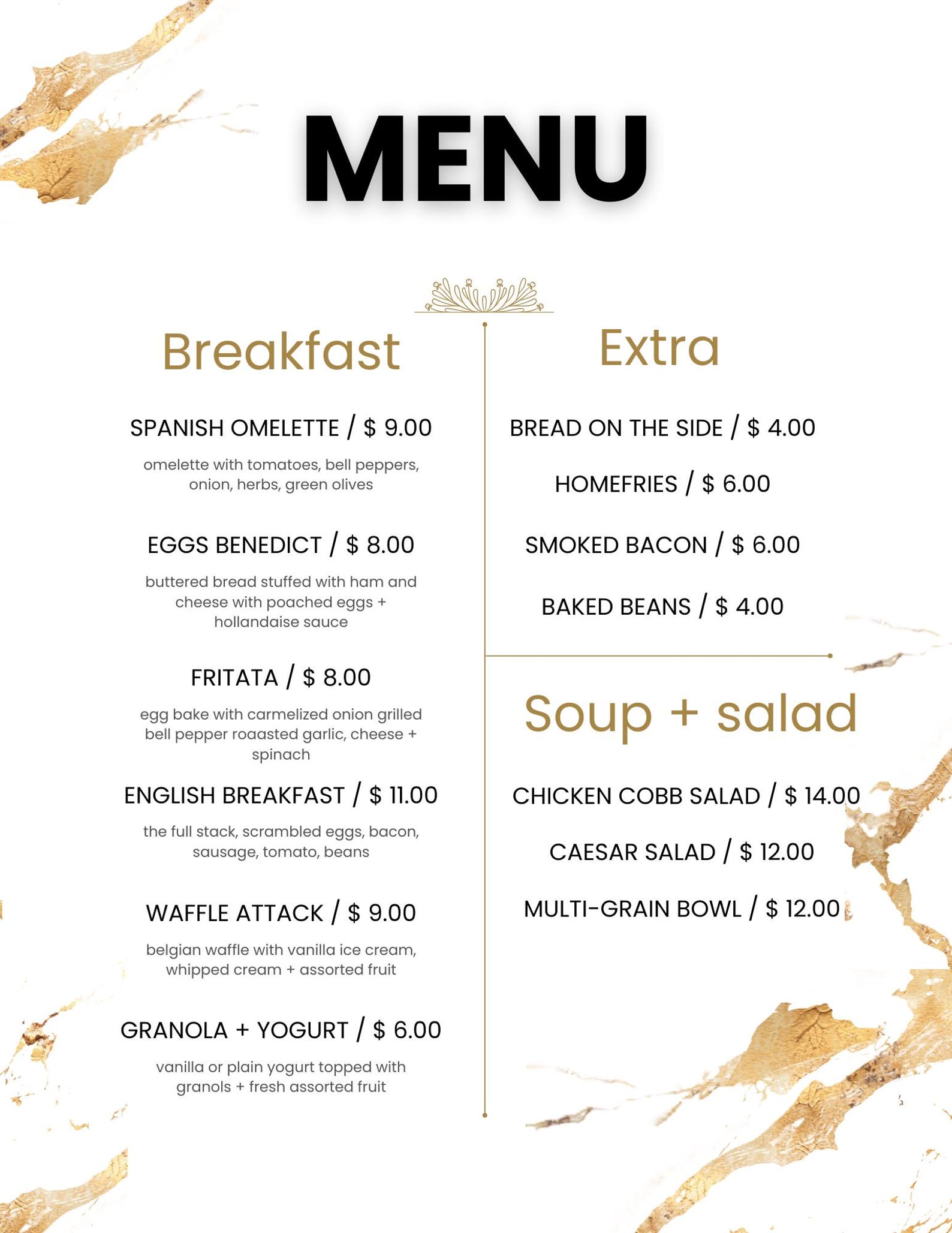 Breakfast Cafe Menu Template | Editable Menu | Printable A4 & US Letter ...