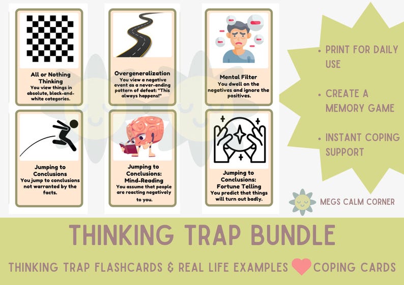 Mental Health Thinking Trap Flashcards, Memory Game, Examples Bundle ...