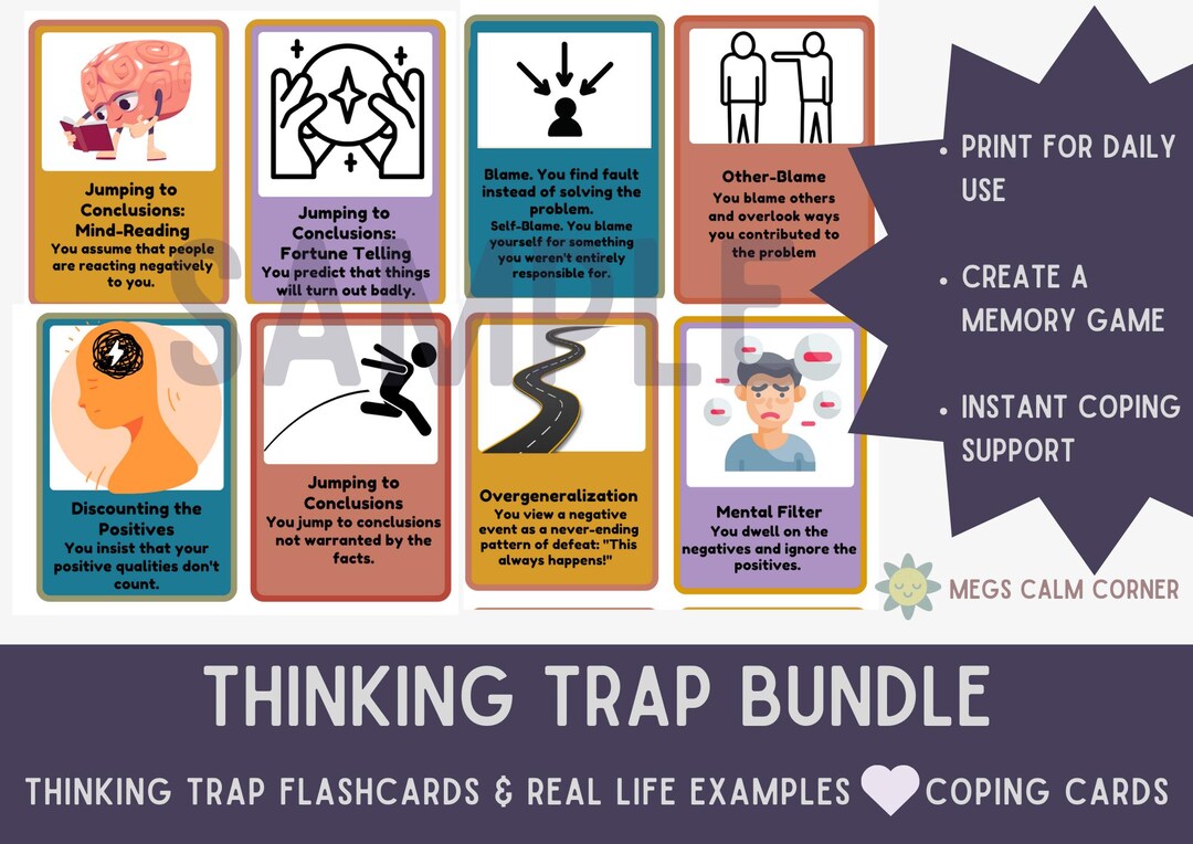 Mental Health Thinking Trap Flashcards, Memory Game, Examples Bundle ...