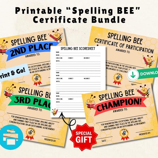 Spelling bee certificate template - Etsy México