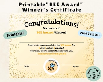 Printable BEE Award Winner Certificate | Student | Employee | Teacher ...