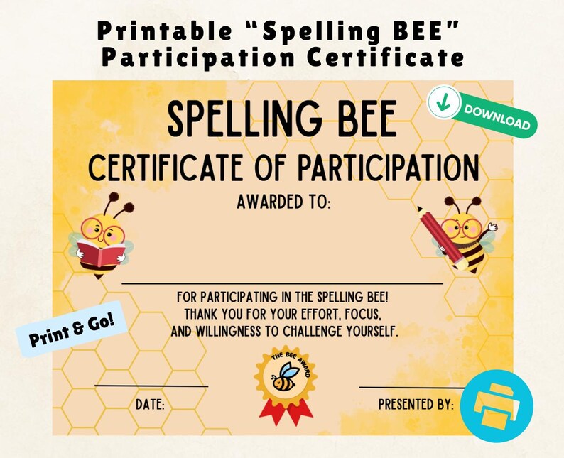 Printable Spelling Bee Certificate Bundle | Champion, 2nd, 3rd Place ...