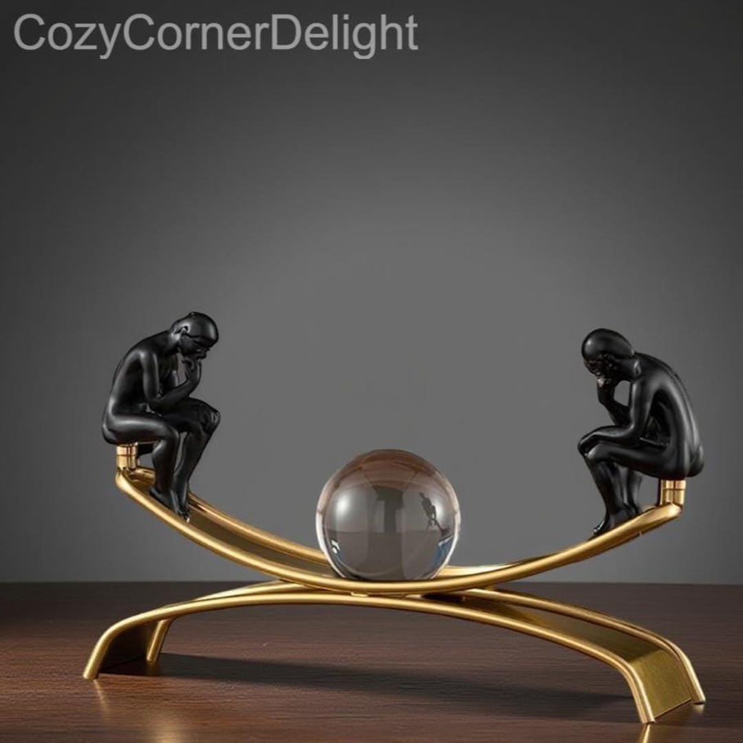 Black and Golden Metal Thinking Man Statue With Crystal Ball | Metal ...
